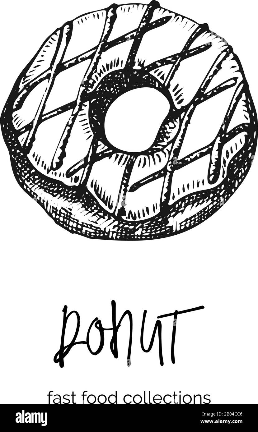 Hand drawn ink sketch donut. Engraving style. Fast food breakfast ...
