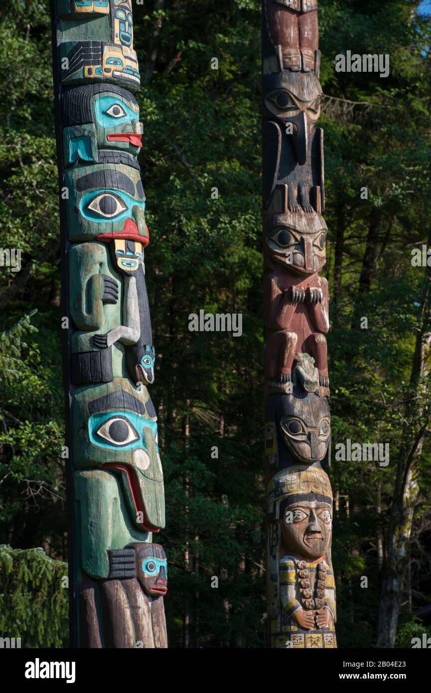 Detail of Haida totem poles (#9 Sea Monster Pole, #8Master Carver Pole ...