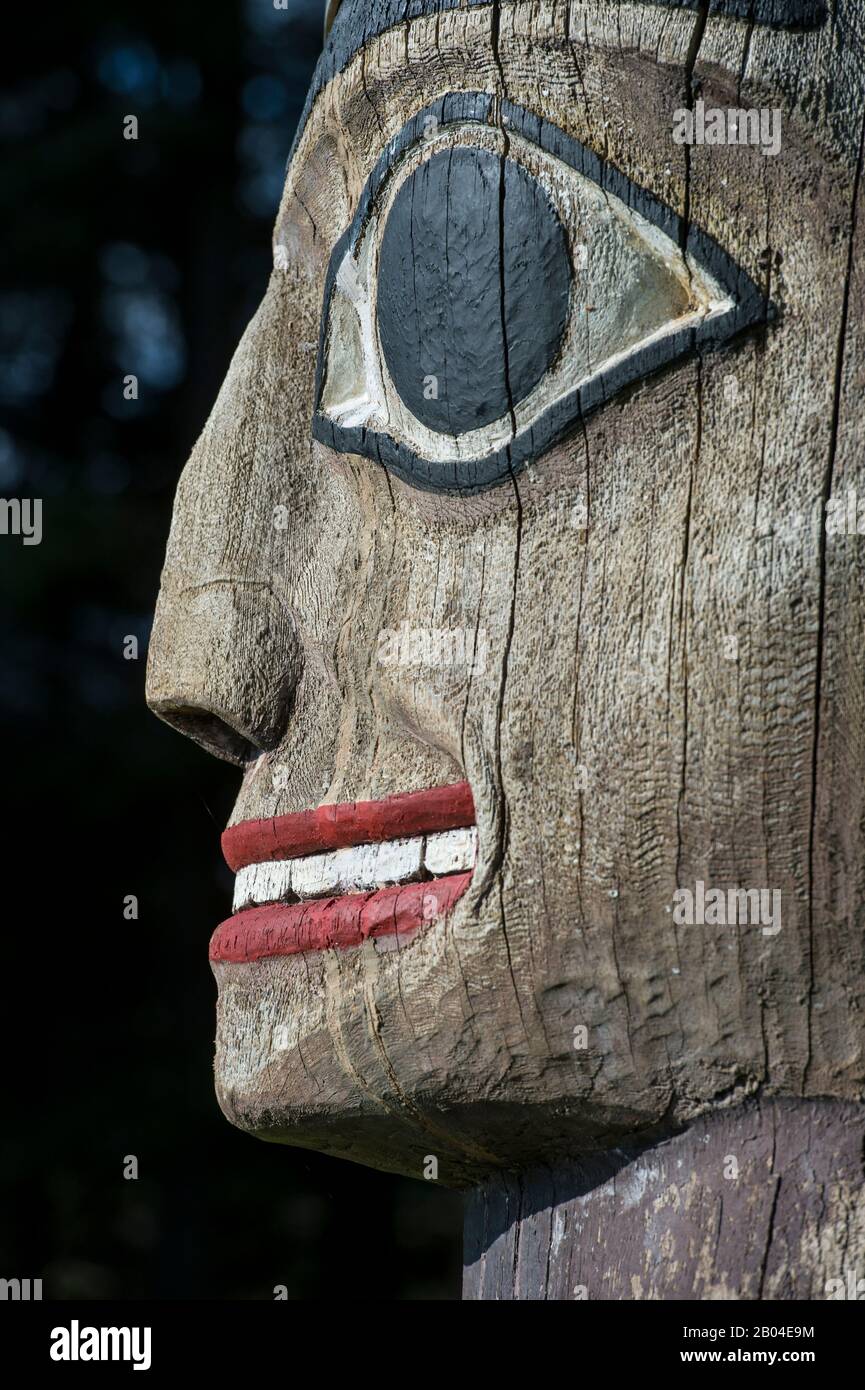 Detail of Haida totem pole (#9 Sea Monster Pole) at the Totem Bight ...