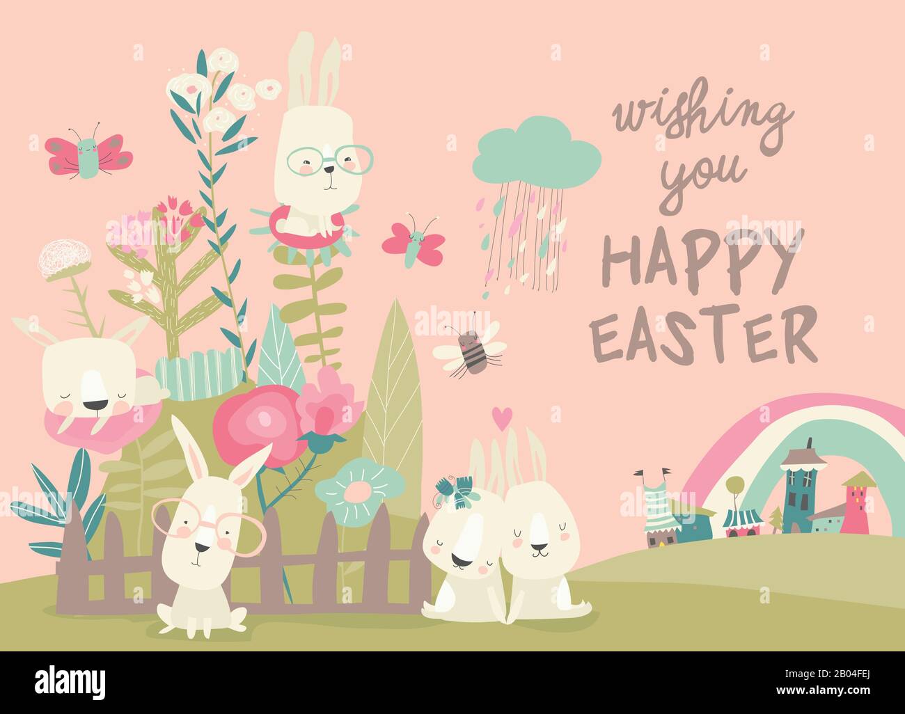 Cute cartoon bunny with Easter eggs and flowers Stock Vector Image ...