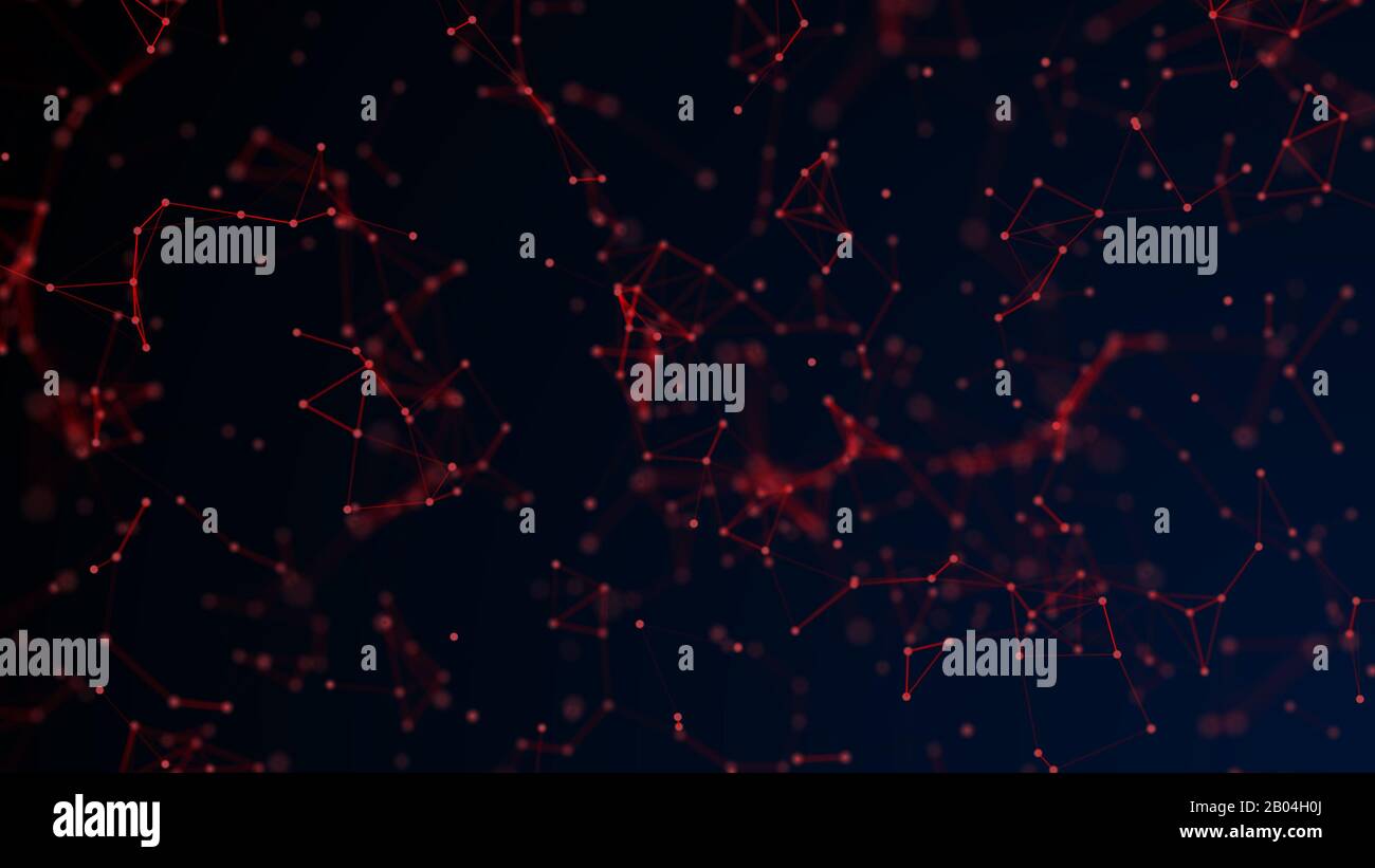 Abstract red digital background with cybernetic particles, geometric background with triangular ...