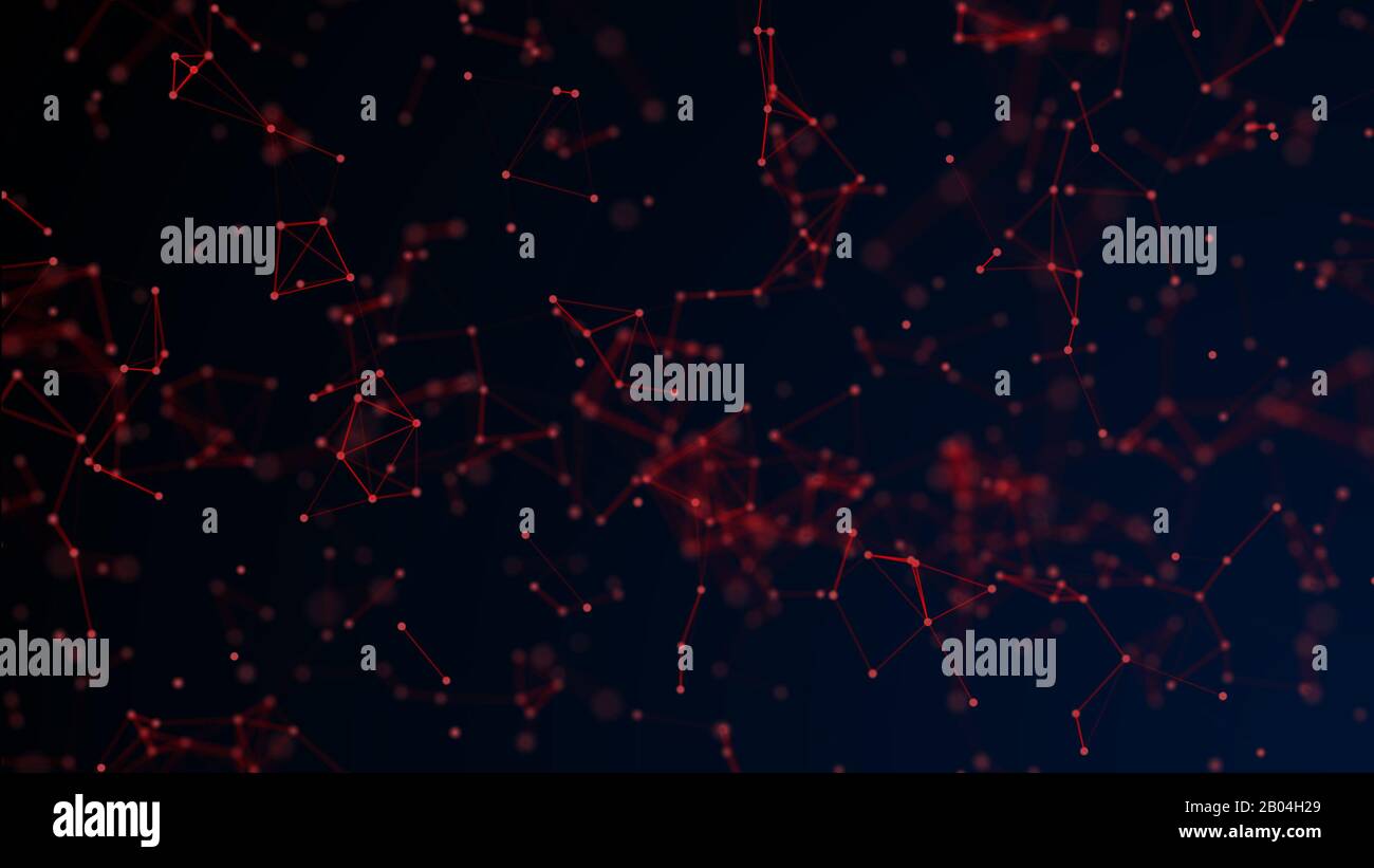 Abstract red digital background with cybernetic particles, geometric ...