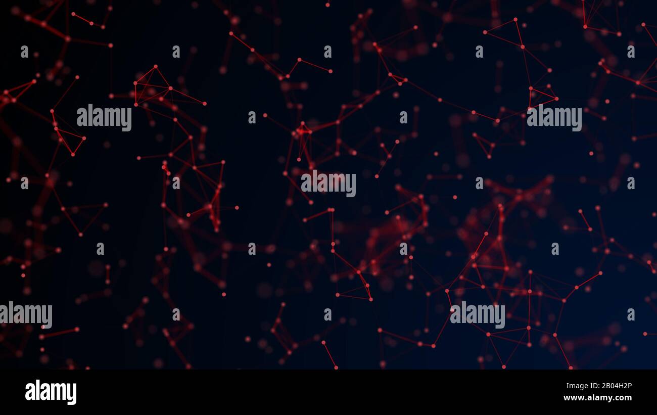 Abstract red digital background with cybernetic particles, geometric ...