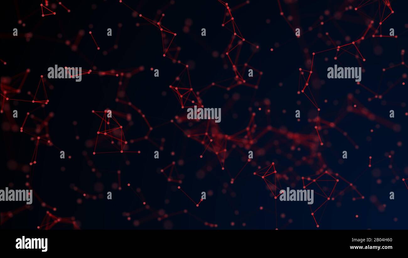 Abstract red digital background with cybernetic particles, geometric ...