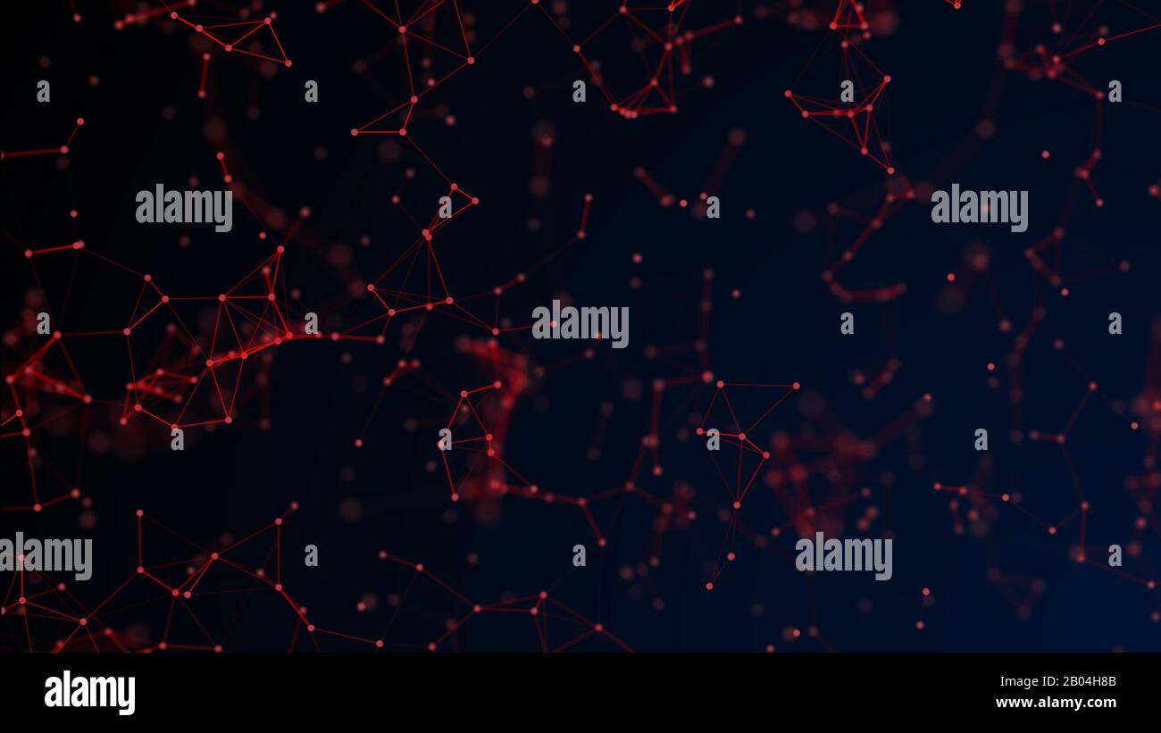 Abstract red digital background with cybernetic particles, geometric background with triangular ...