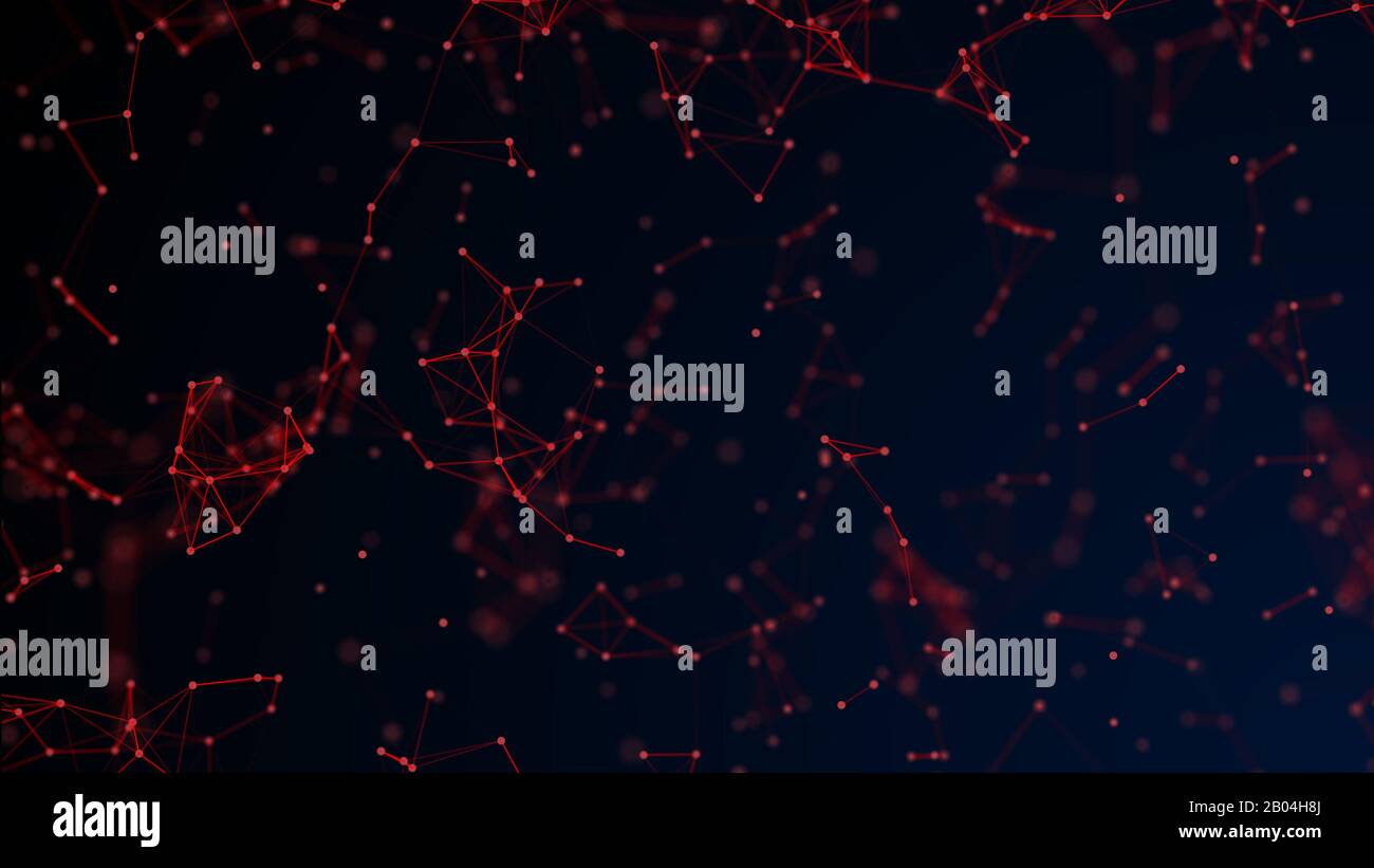 Abstract red digital background with cybernetic particles, geometric ...