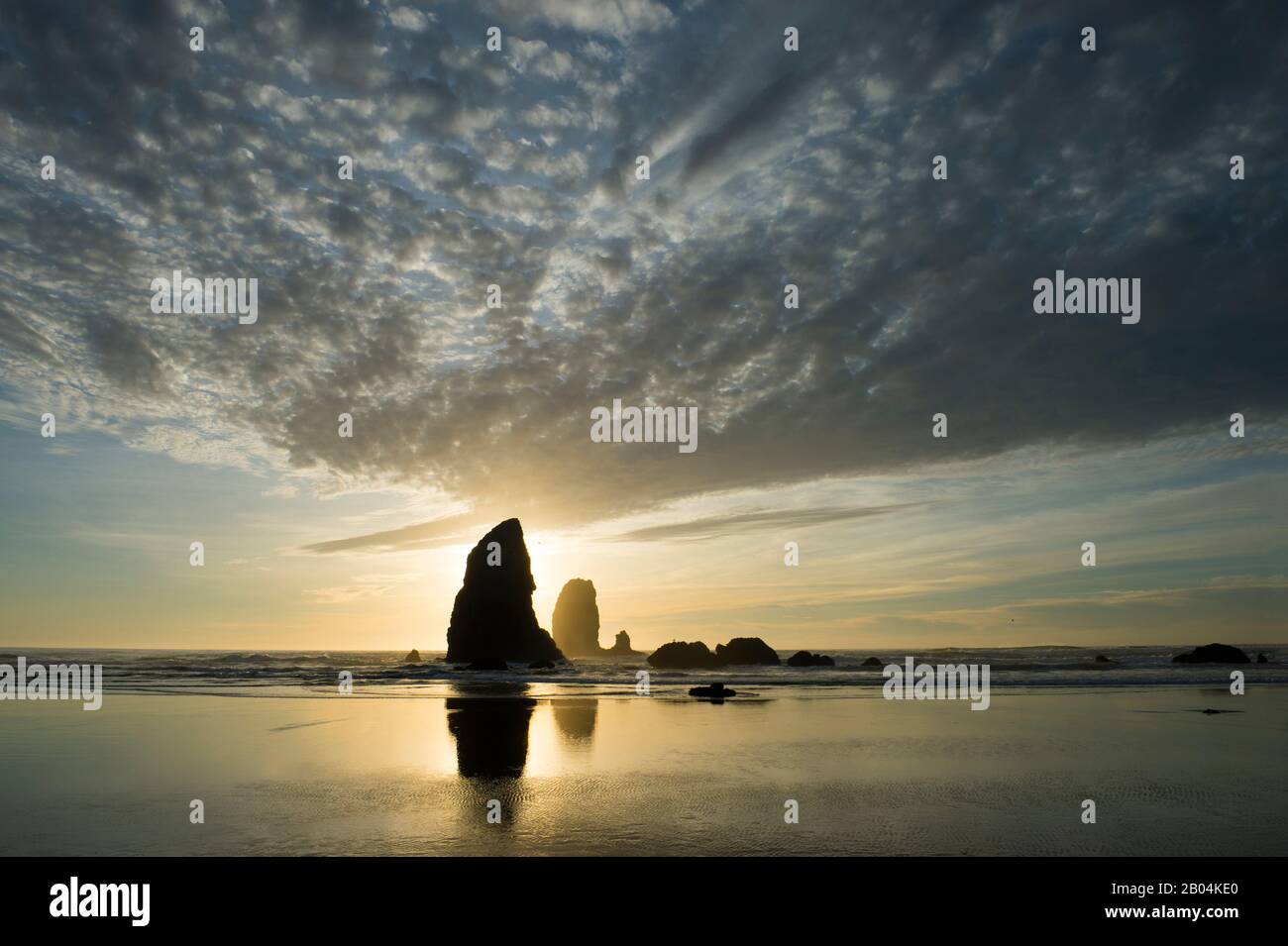 View of sea stacks at sunset at low tide from Cannon Beach on the ...