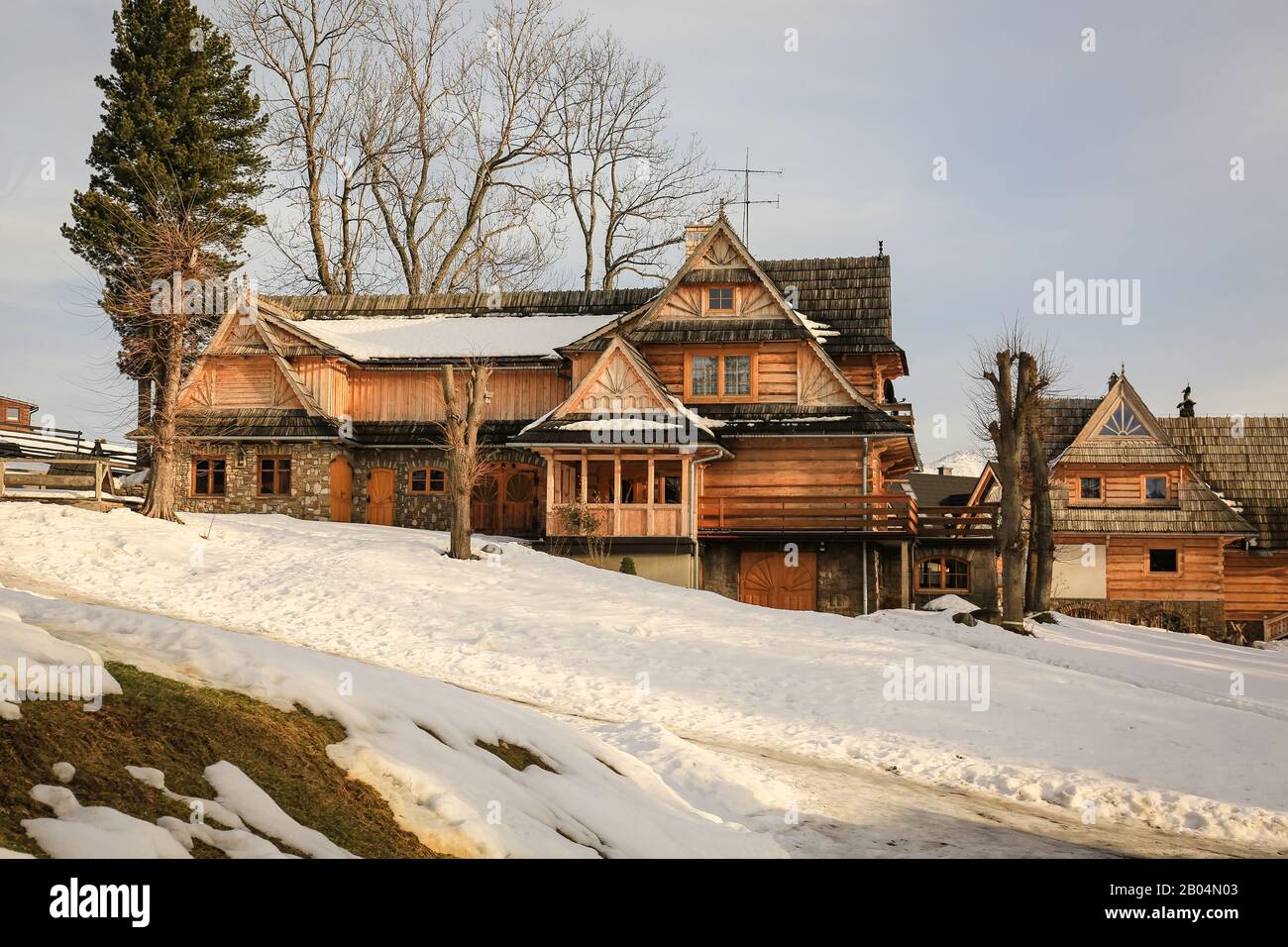 Zakopane, Poland 01 Feb 2020. Wooden house in typical Zakopane style ...