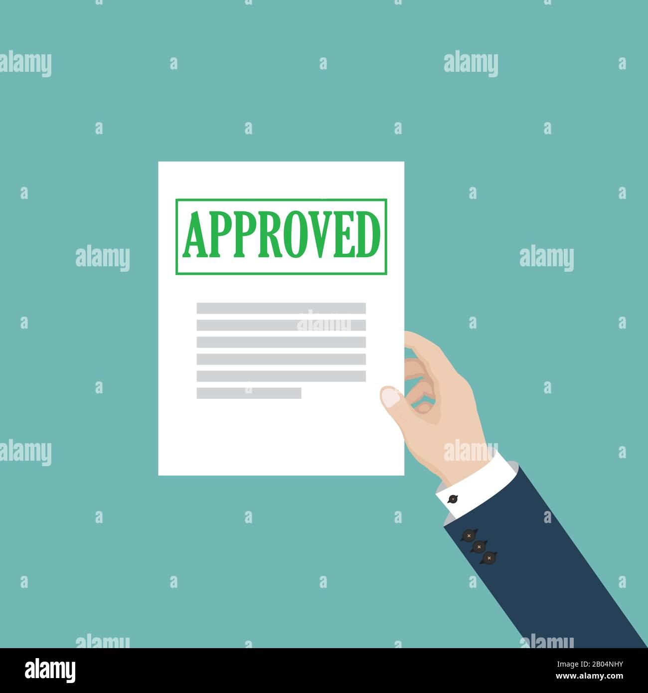 Business man hand holds approved paper document. Vector illustration in ...