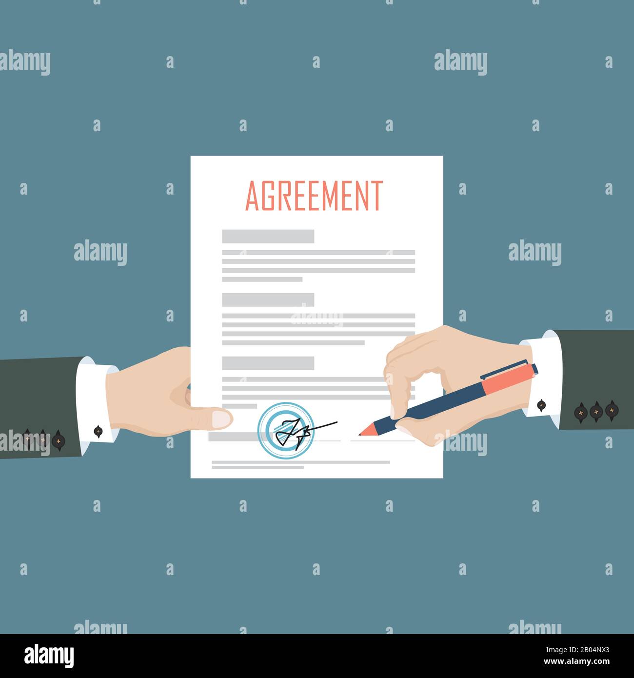 Mang sing paper document agreement and another man hand keeping the ...