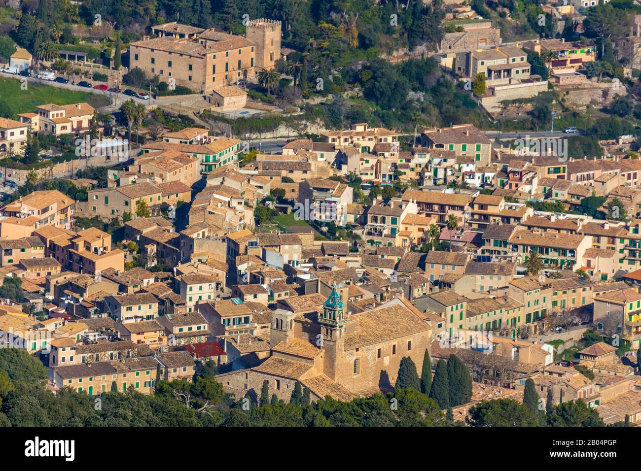 Aerial view, island, monastery of the Carthusian Order, Museu Cartoixa ...