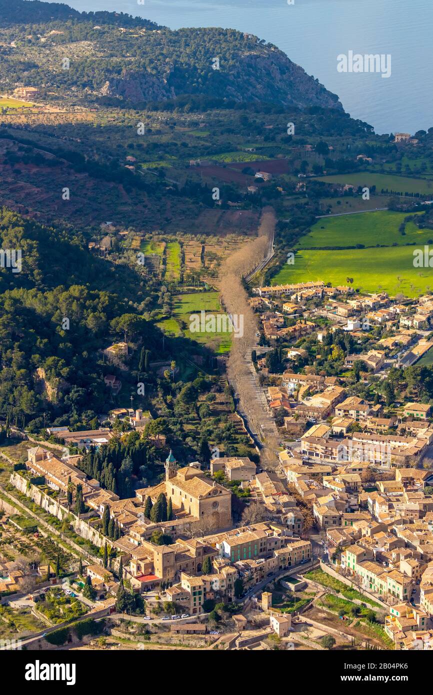 Aerial view, island, monastery of the Carthusian Order, Museu Cartoixa ...