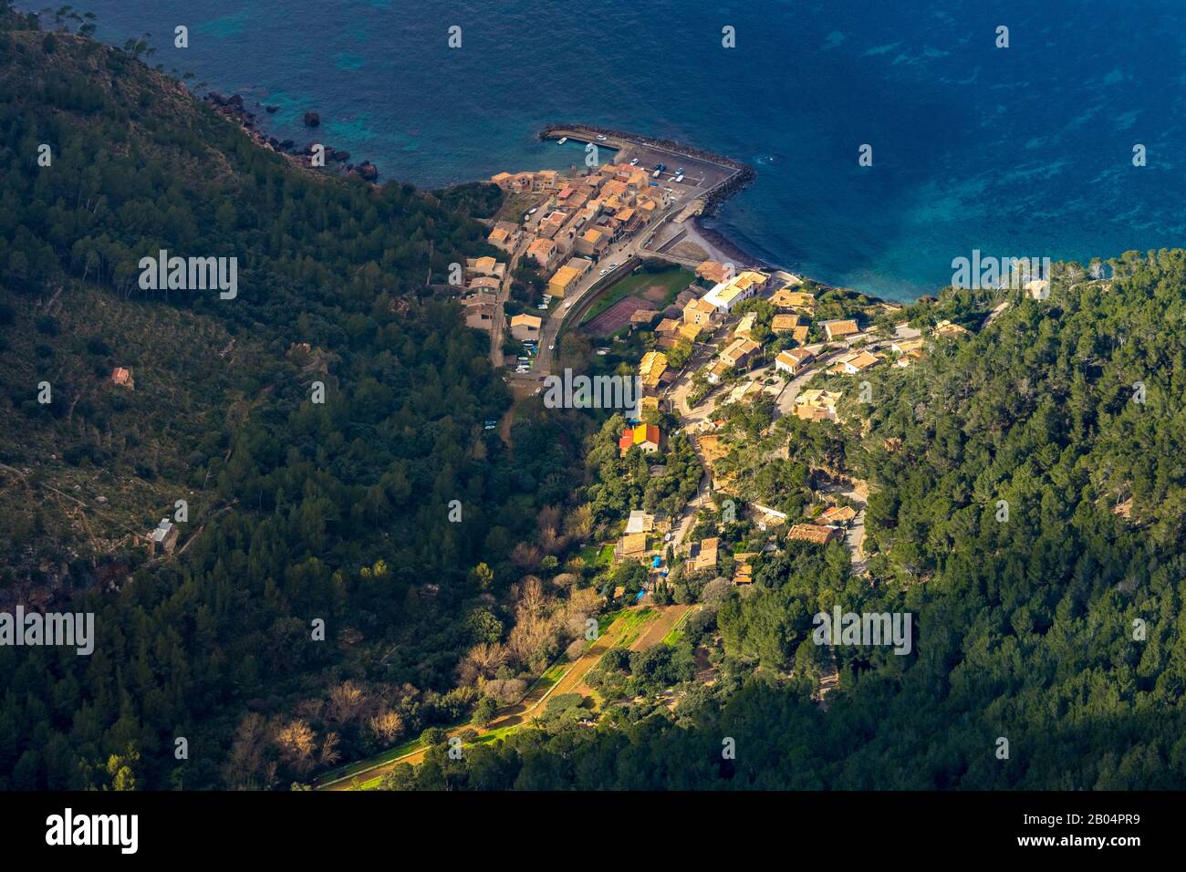 Aerial photo, island, Port de Valldemossa, boat mooring, Valldemossa ...