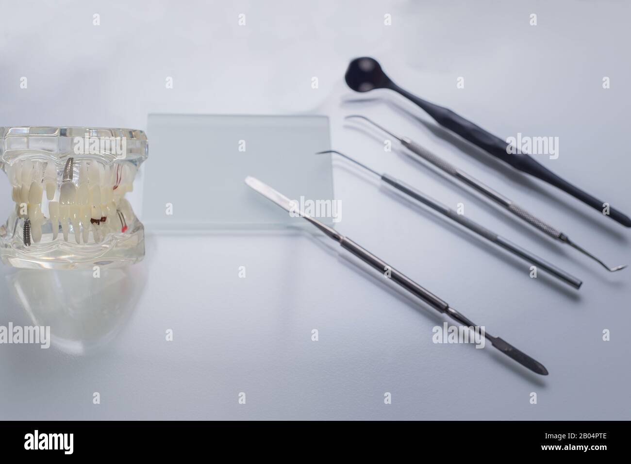 top view, medical dental instruments, on a sterile subject table of a ...