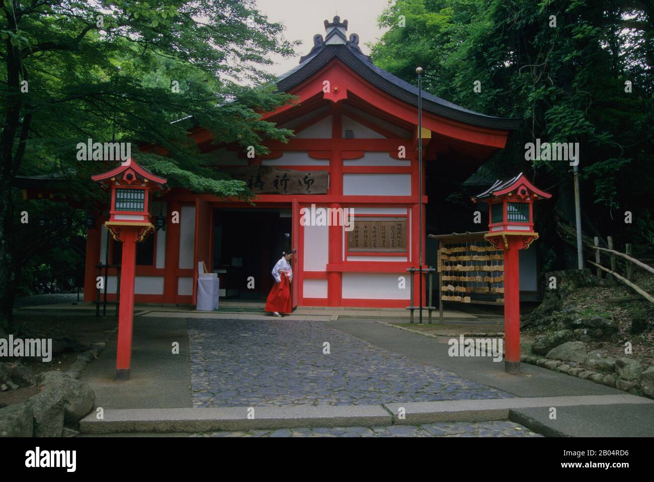 A Japanese Shinto nun at the Kasuga Taisha Shrine (Shinto shrine) in ...