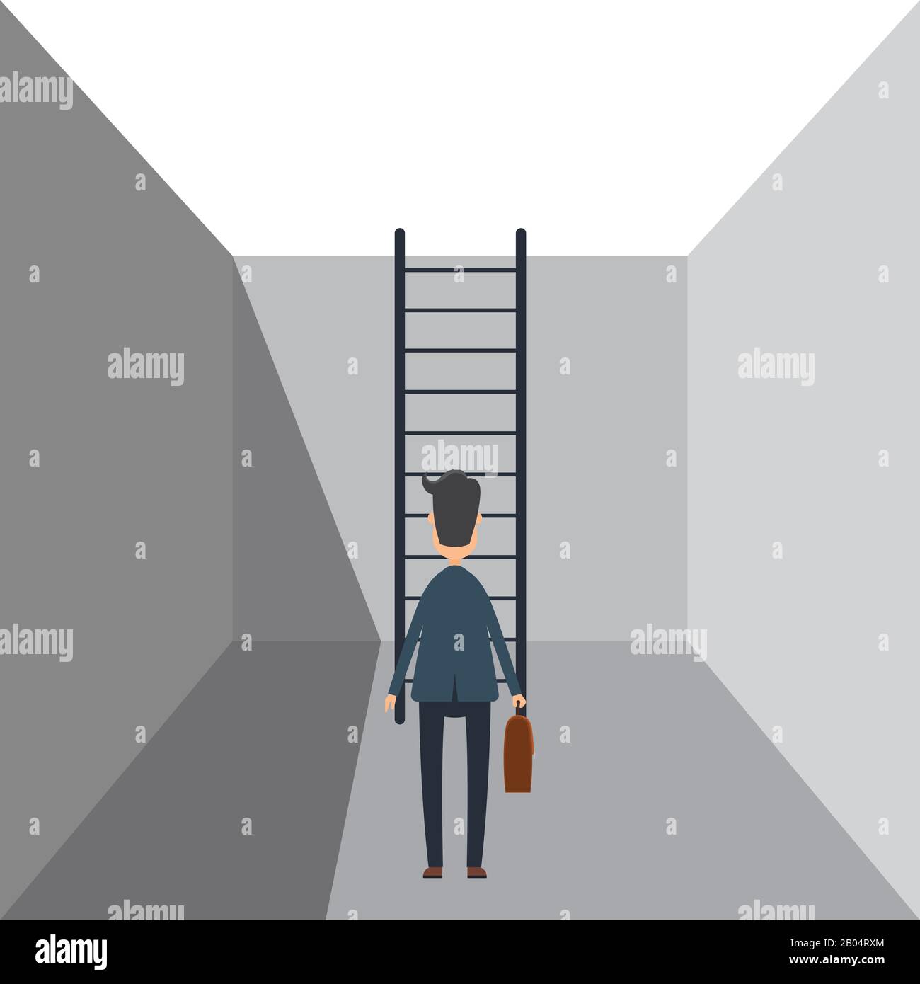 Business man in suit stading in a hole with wooden ladder on wall ...