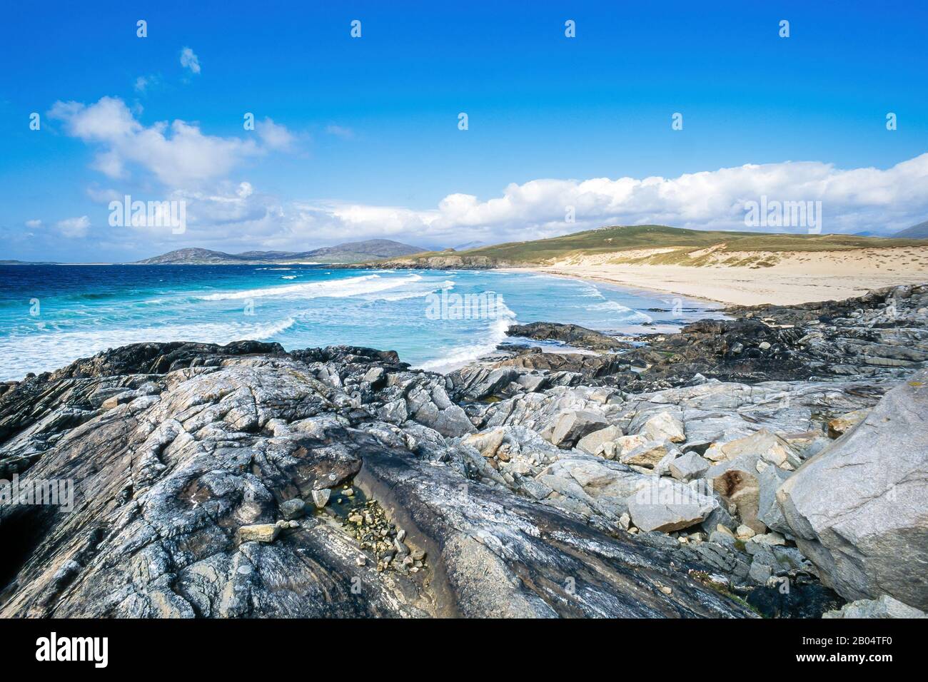 Rocks, sand, sea and surf at Traigh Iar beach, Horgabost, Isle of ...