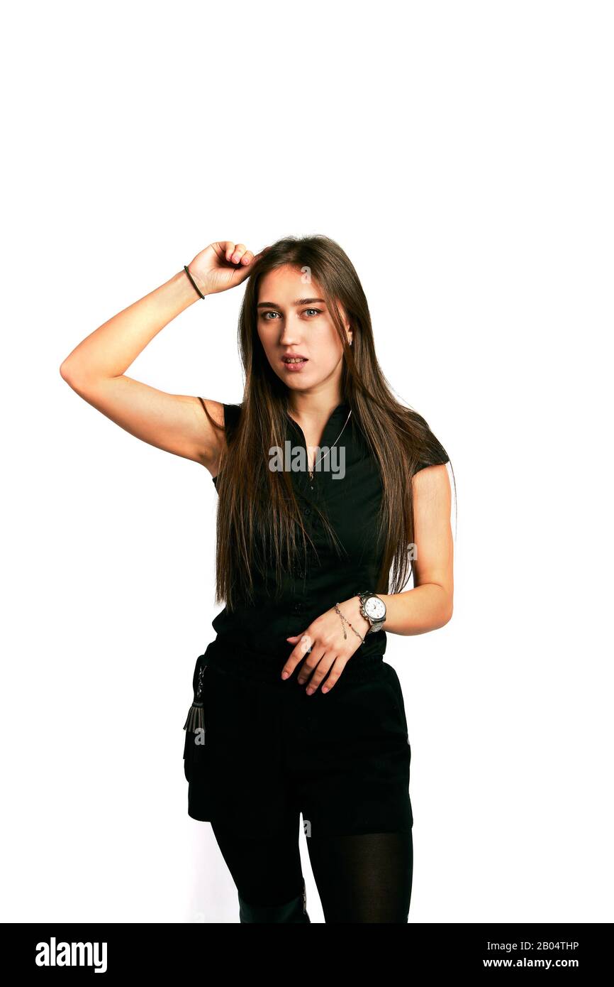 Portrait of beautiful young woman in black. Model girl with differents ...