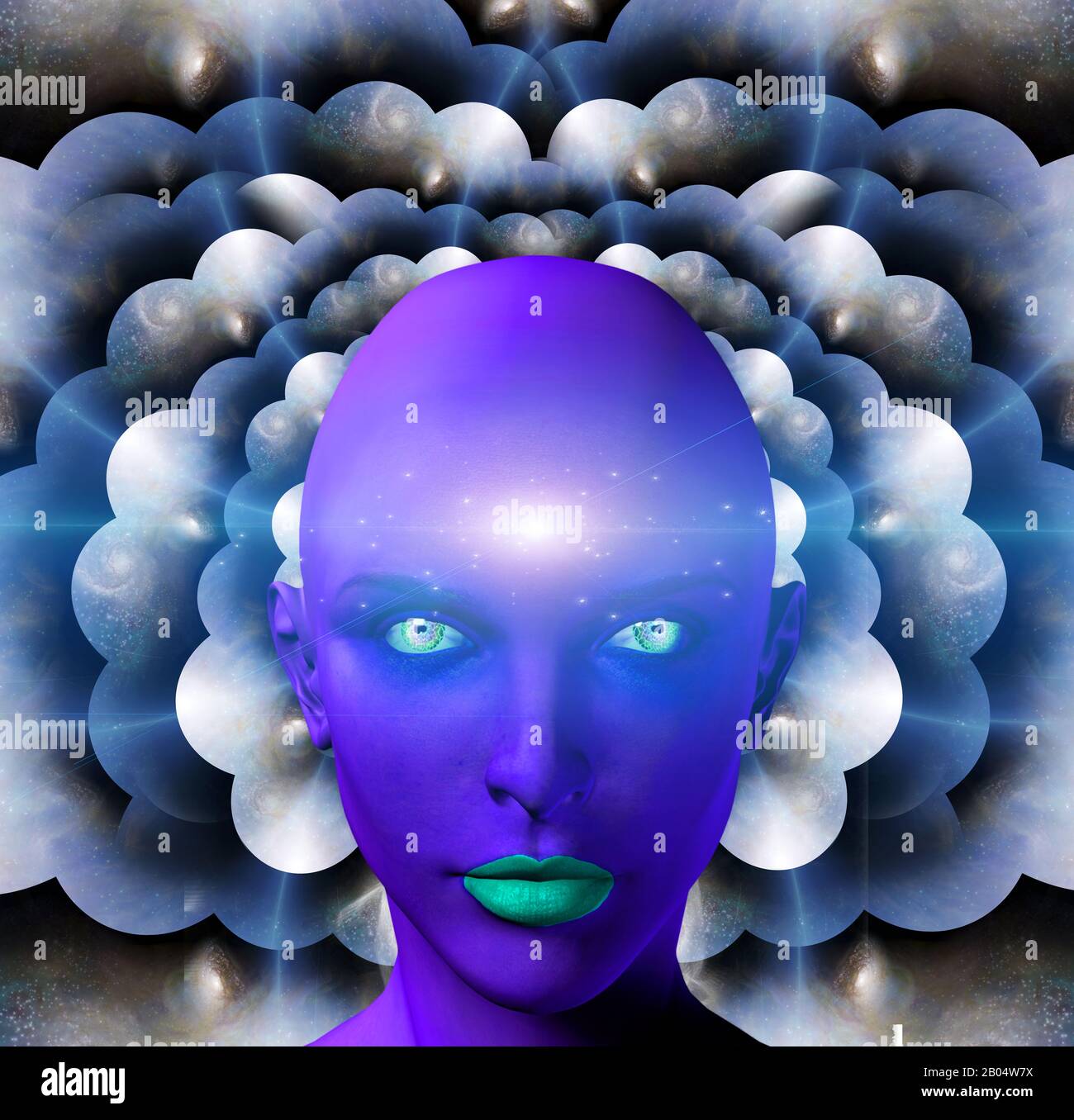 Purple female face on a background with multi-layered spaces. Alien ...