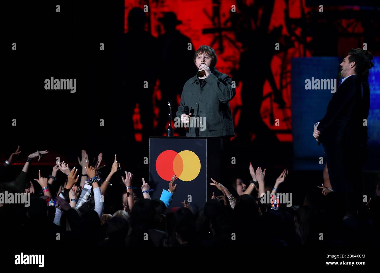 Lewis Capaldi on stage at the Brit Awards 2020 at the O2 Arena, London ...