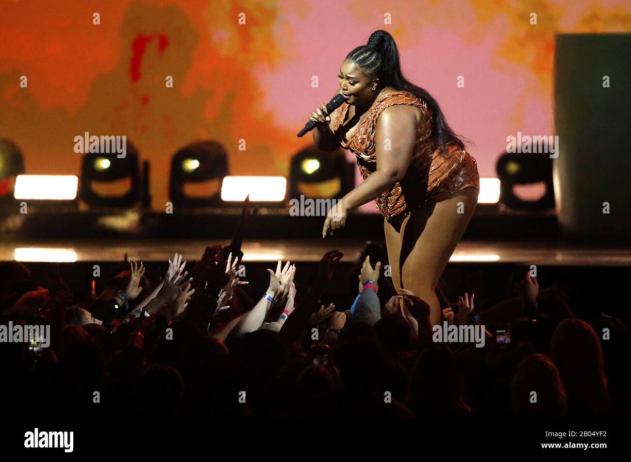 Lizzo performing on stage at the Brit Awards 2020 at the O2 Arena ...
