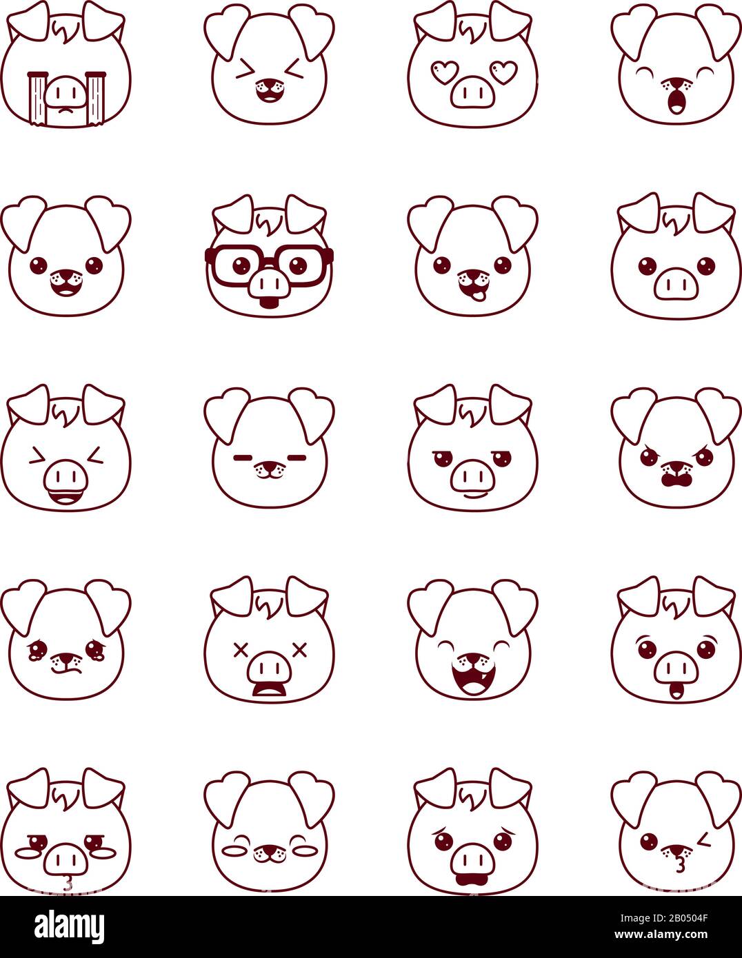 Cute kawaii pigs and dogs cartoons line style icon set design, Animals ...