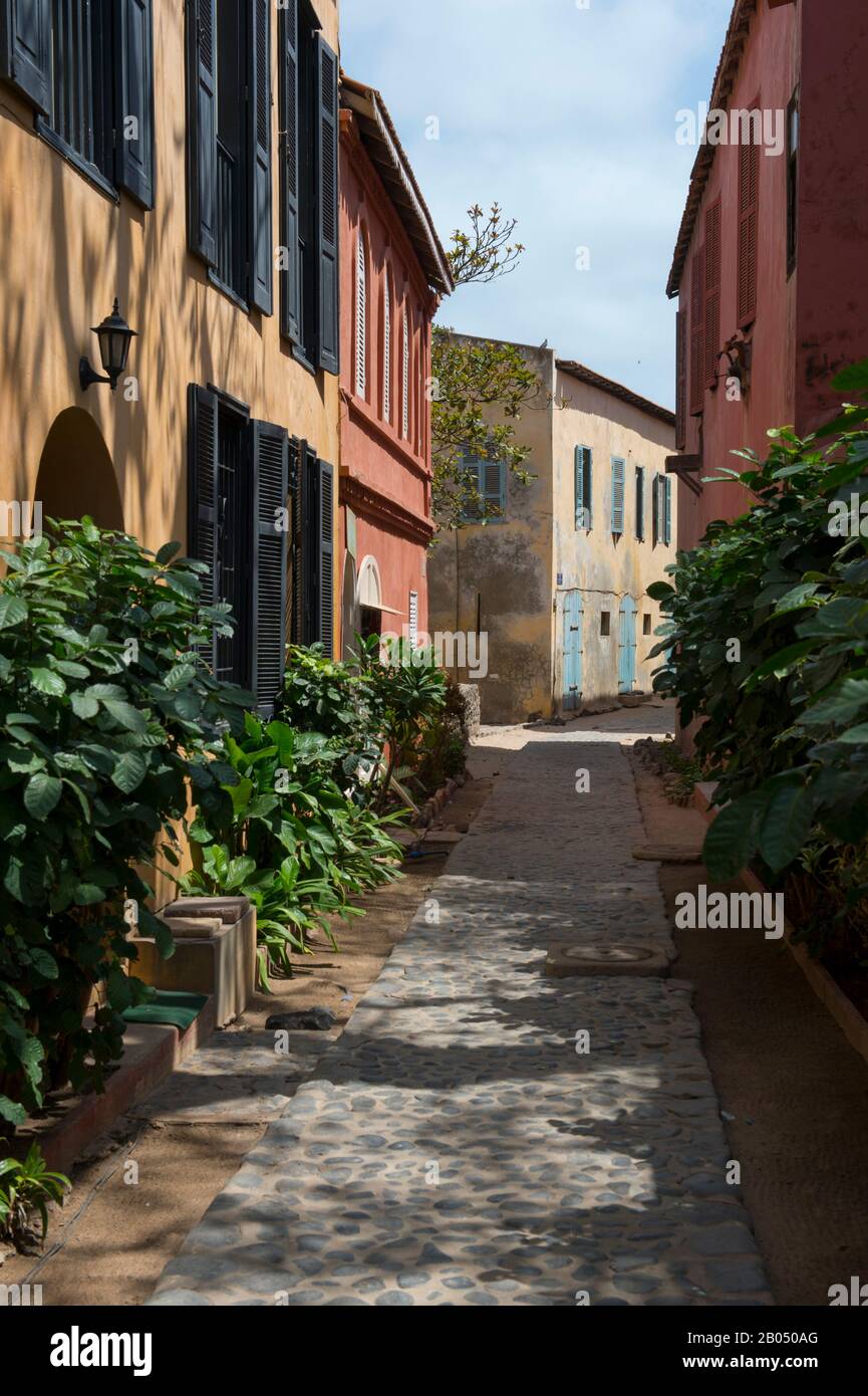 Street scene on Goree Island in the Atlantic Ocean outside of Dakar in ...