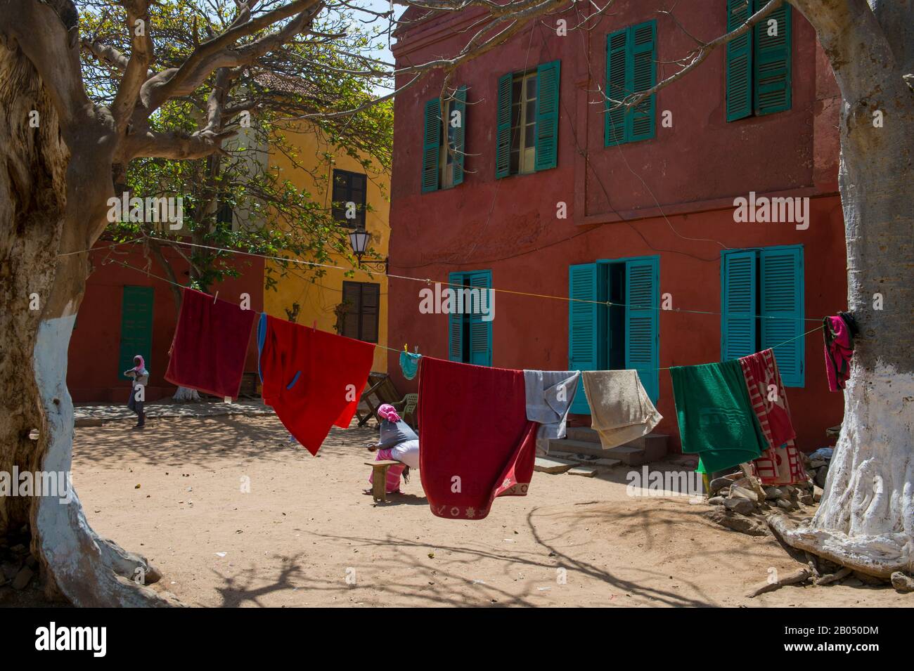 Street scene with laundry drying on Goree Island in the Atlantic Ocean ...