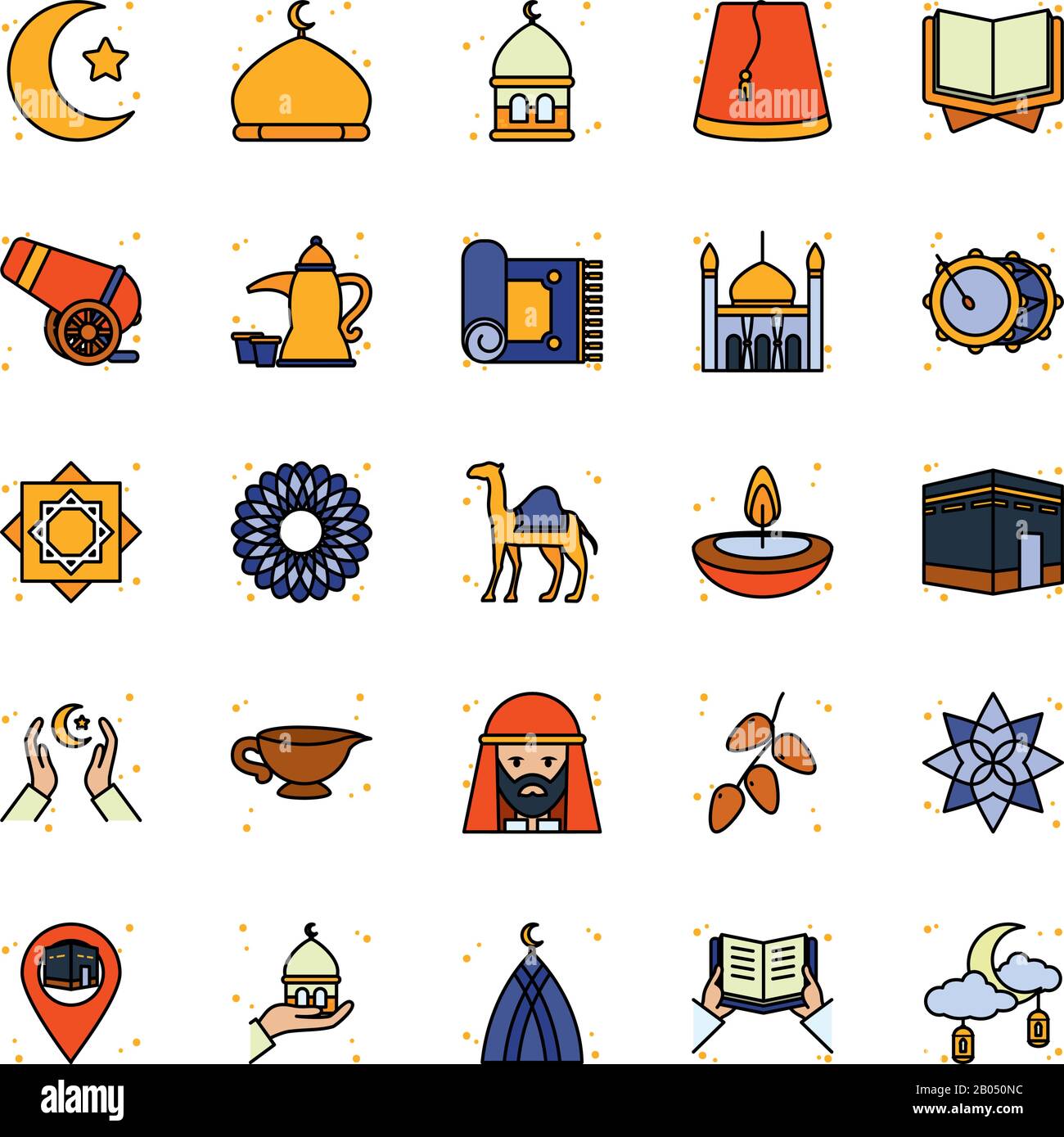 Ramadan line and fill style icon set design, Islamic muslim religion ...