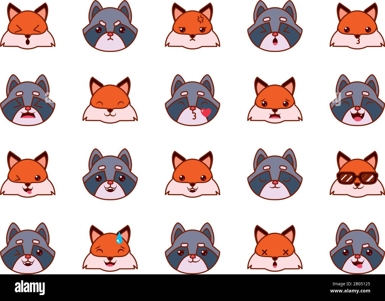 Cute kawaii foxes and raccoons cartoons line and fill style icon set ...