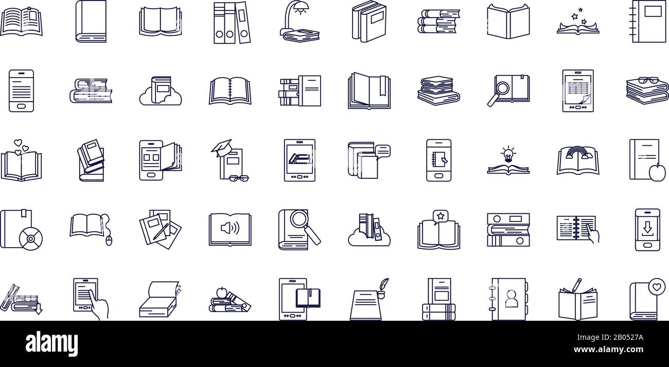 Books line style icon set design, Education literature read library ...