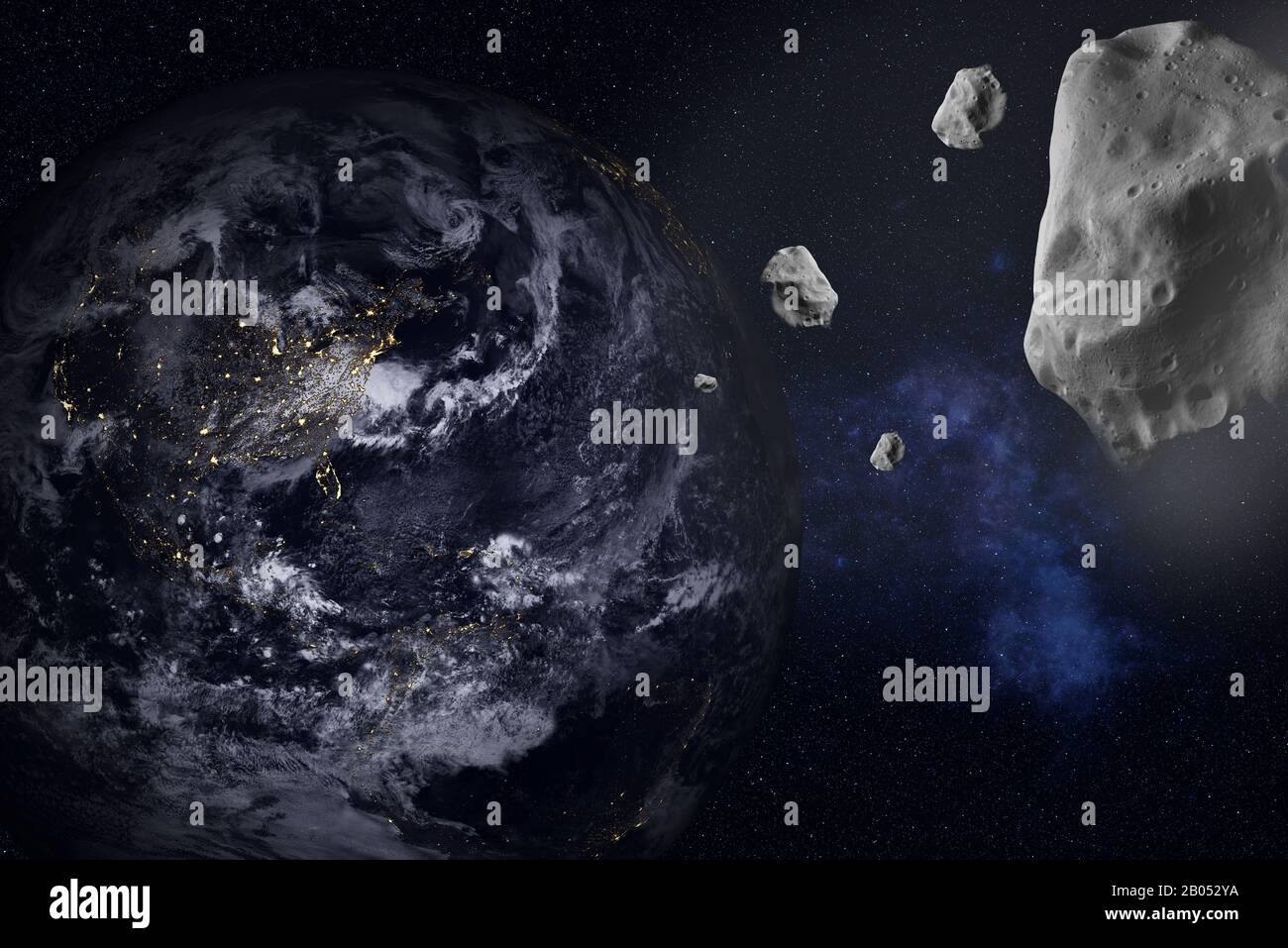 Asteroid attack the Earth planet at night. Outer space journy. Science ...