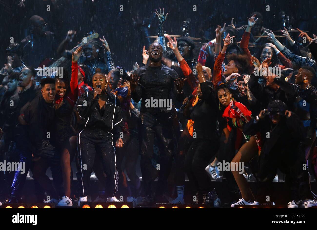 Stormzy performing on stage at the Brit Awards 2020 at the O2 Arena ...