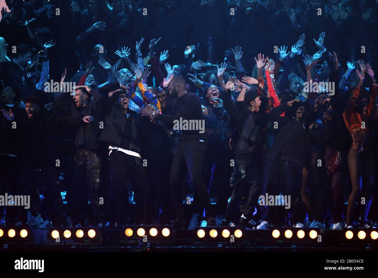 Stormzy performing on stage at the Brit Awards 2020 at the O2 Arena ...