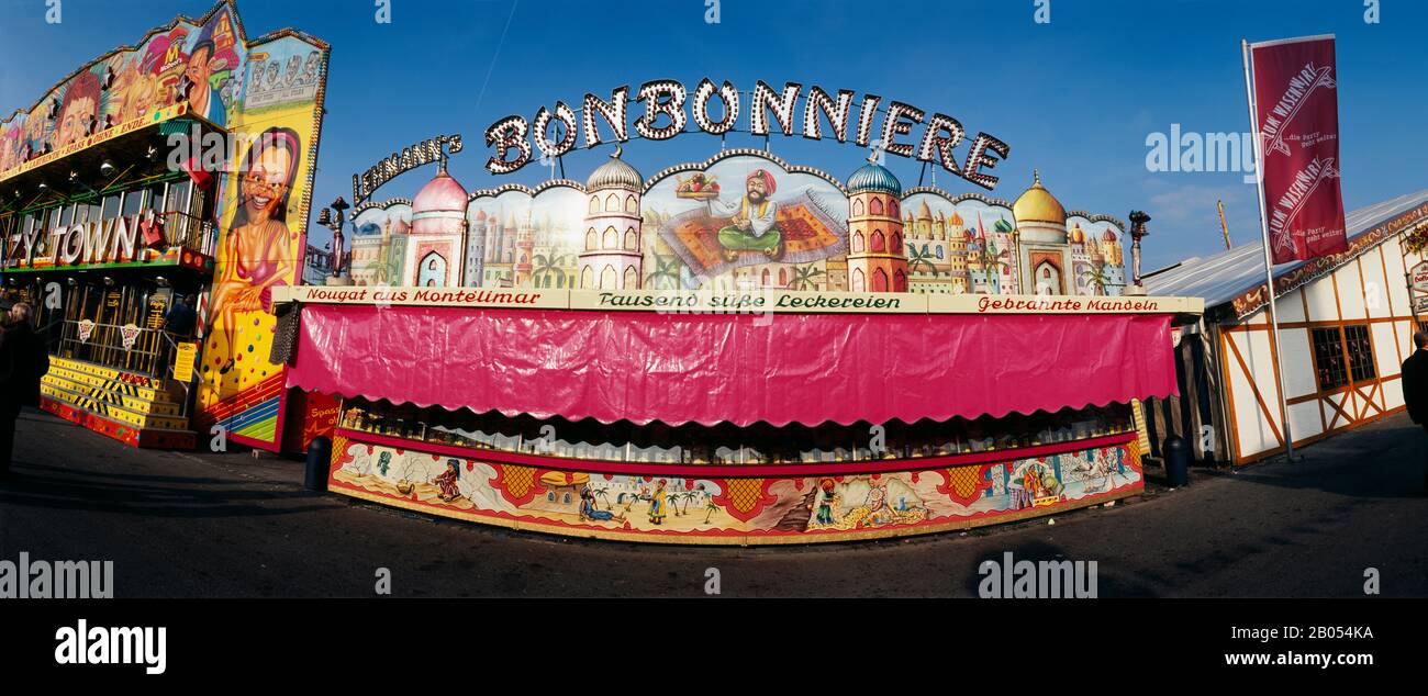 Low angle view of a candy stand at fairground, Volksfest, Stuttgart ...