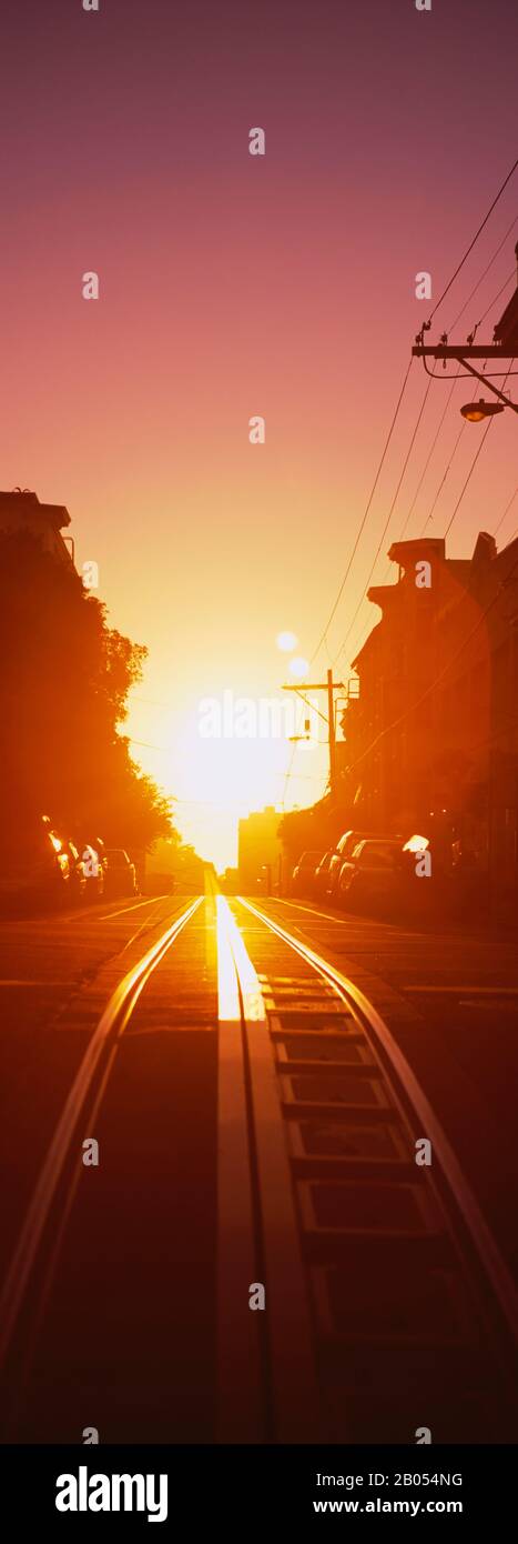 Cable car tracks at sunset, San Francisco, California, USA Stock Photo ...