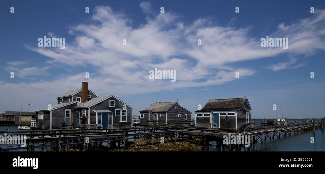 Stilt house at a pier, Old North Wharf, Nantucket Harbor, Nantucket ...