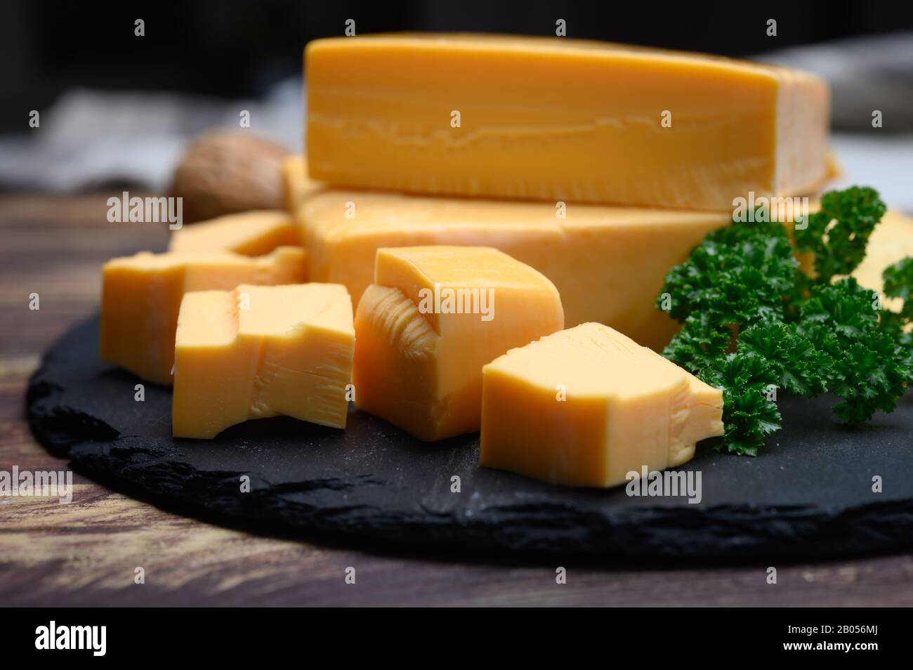 British yellow Chester creme cheese made from cow milk close up Stock ...