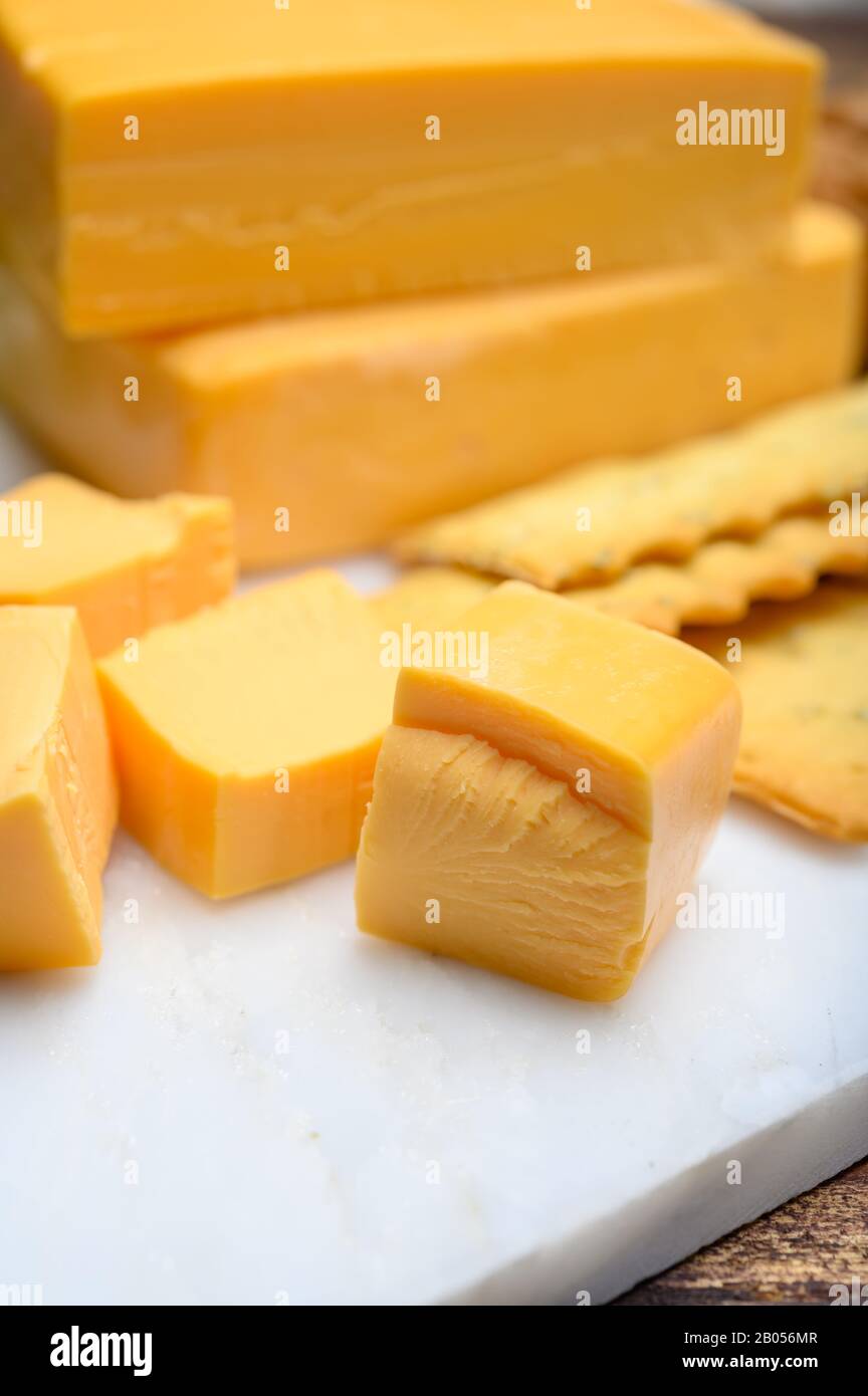 British yellow Chester creme cheese made from cow milk close up Stock ...