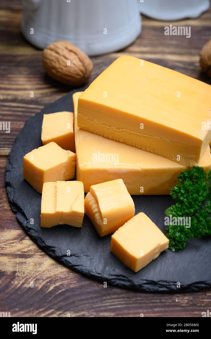 British yellow Chester creme cheese made from cow milk close up Stock ...