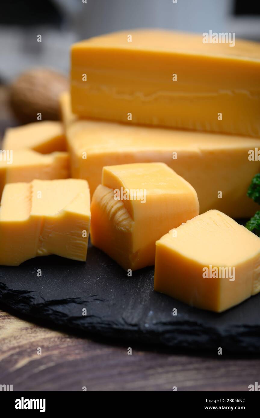 British yellow Chester creme cheese made from cow milk close up Stock ...