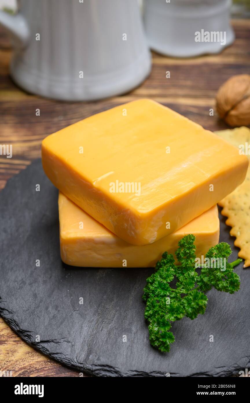 British yellow Chester creme cheese made from cow milk close up Stock ...