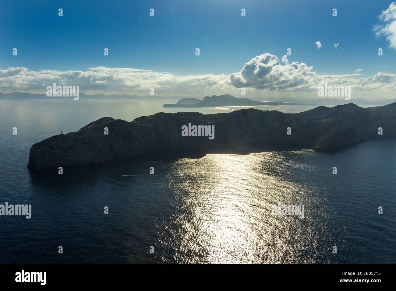 Aerial view, Cap Formentor peninsula in back light, Far de Formentor ...