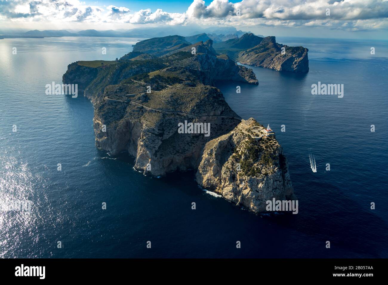 Aerial view, Cap Formentor peninsula, Far de Formentor, lighthouse ...
