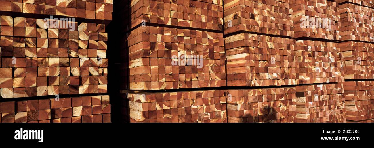 Redwood lumber stacks in a lumberyard, Humboldt County, California, USA ...