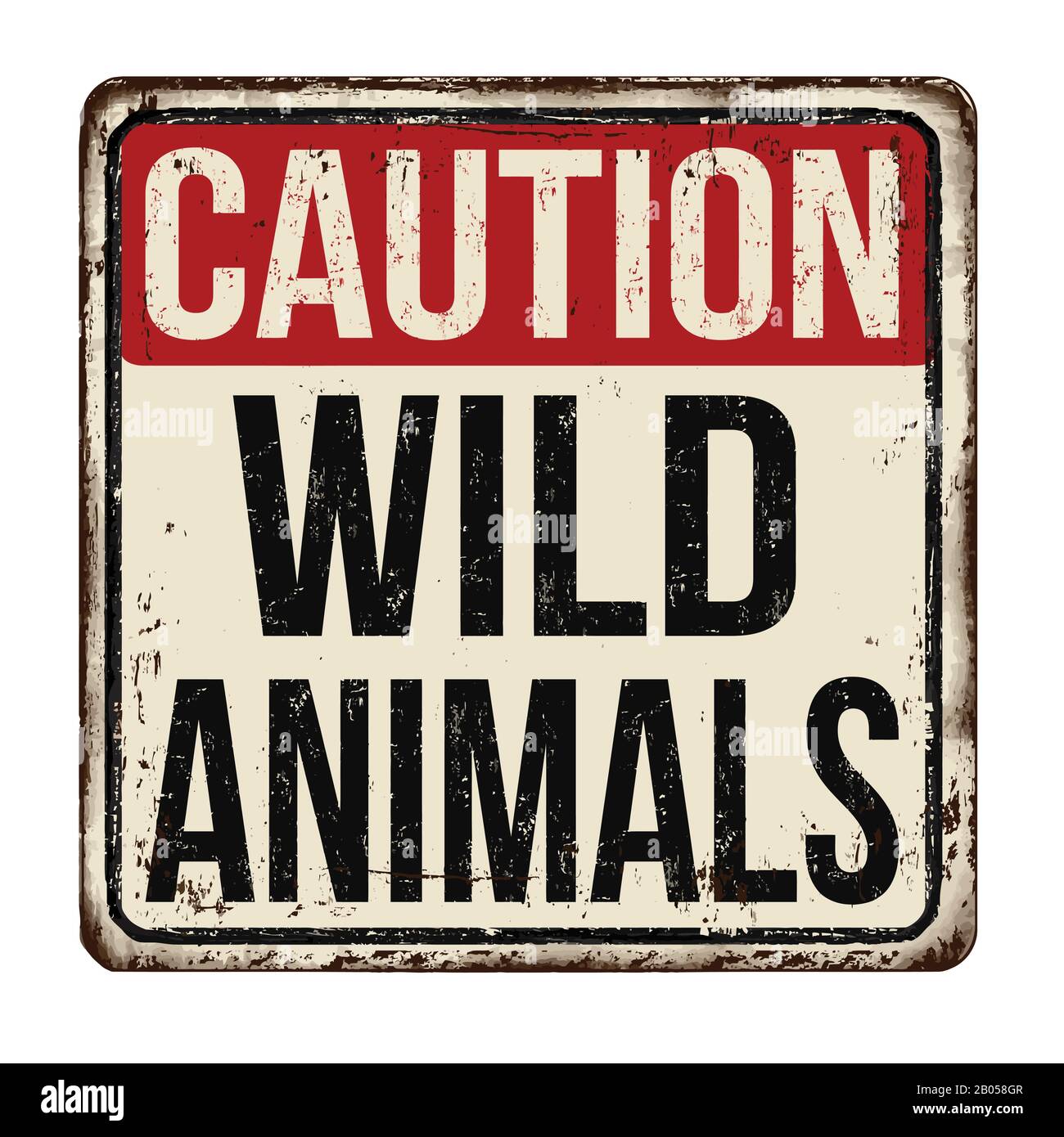 Caution wild animals vintage rusty metal sign on a white background ...