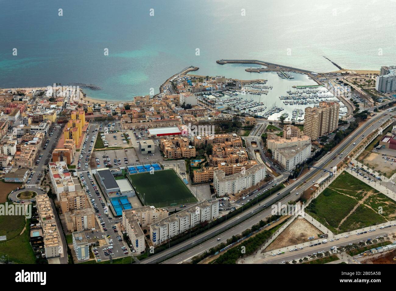 Aerial view, Portixol harbour, hotel facilities, Palma, Balearic ...