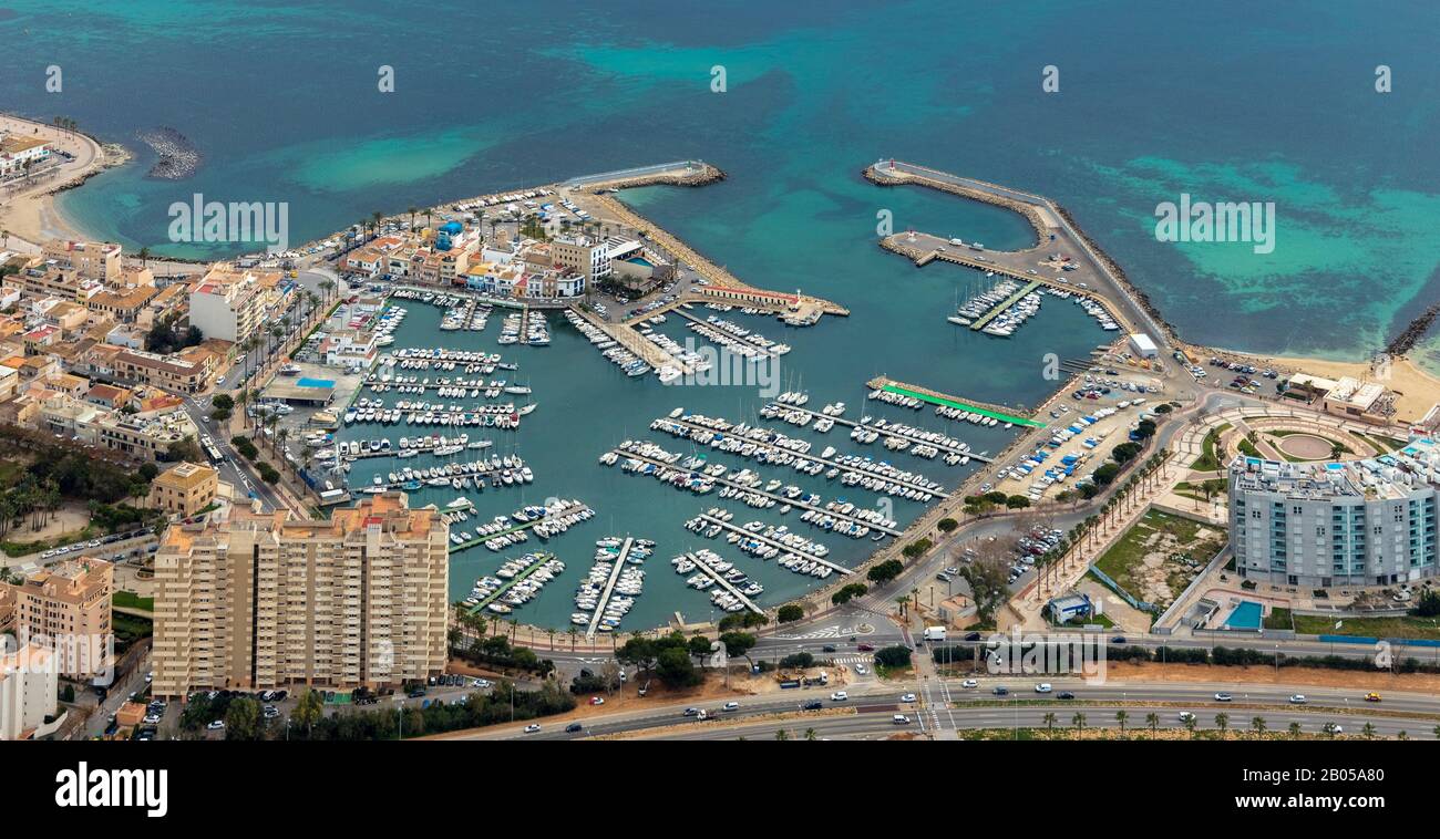 Aerial view, Portixol port, hotel facilities, Palma, Balearic Islands ...