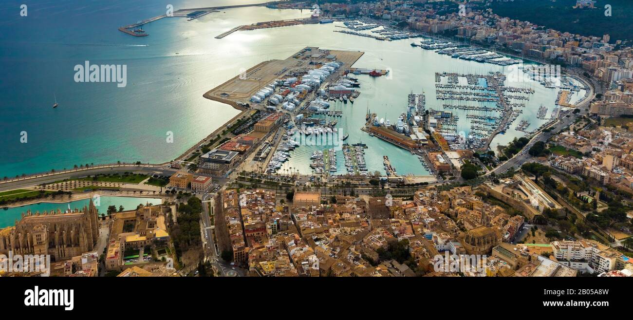 Aerial view, Port and Bay of Palma, Port de Palma, Balearic Islands ...