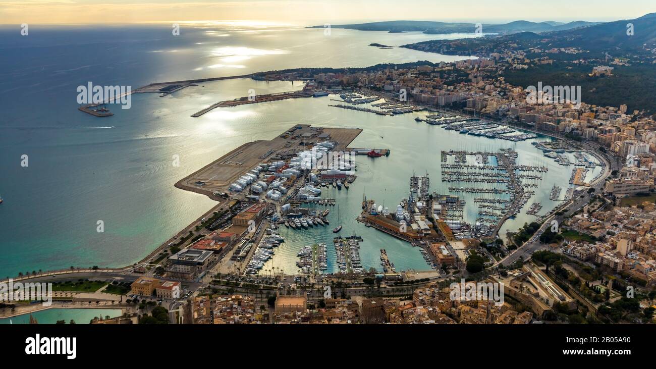 Aerial view, Port and Bay of Palma, Port de Palma, Balearic Islands ...